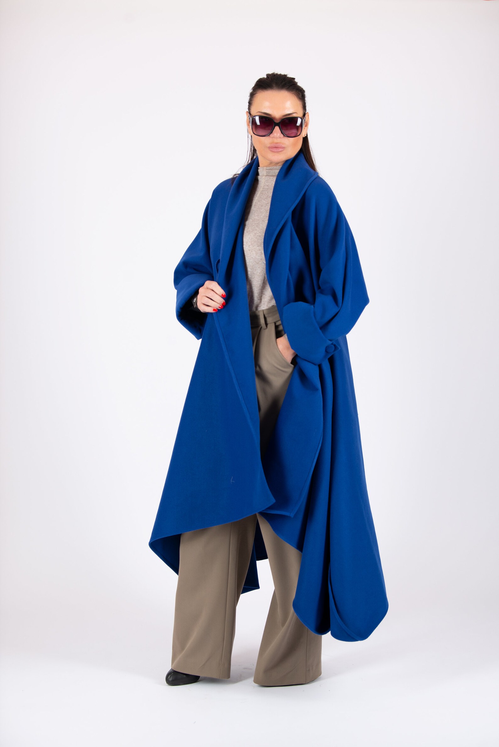 Royal Blue Wool Cape Coat, Asymmetrical Hem, Winter Overcoat Renata - Etsy