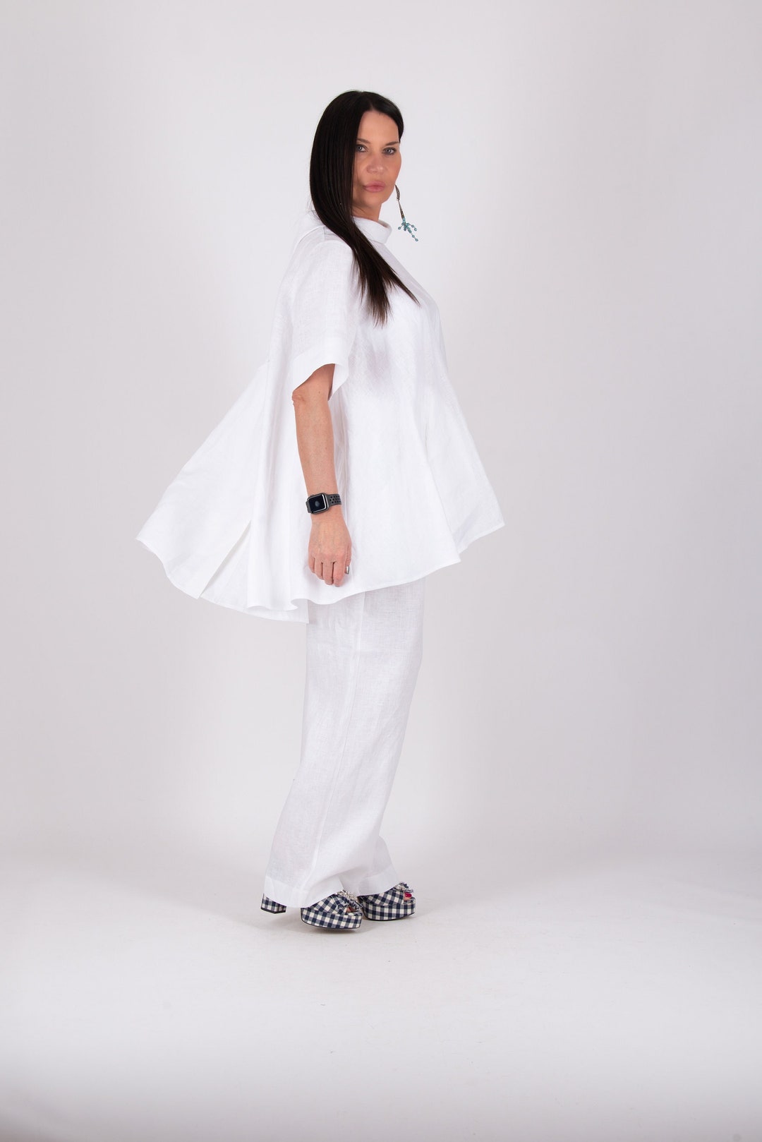 White Linen Women Set, Linen Summer Wide Shirt, Linen Short Sleeves ...