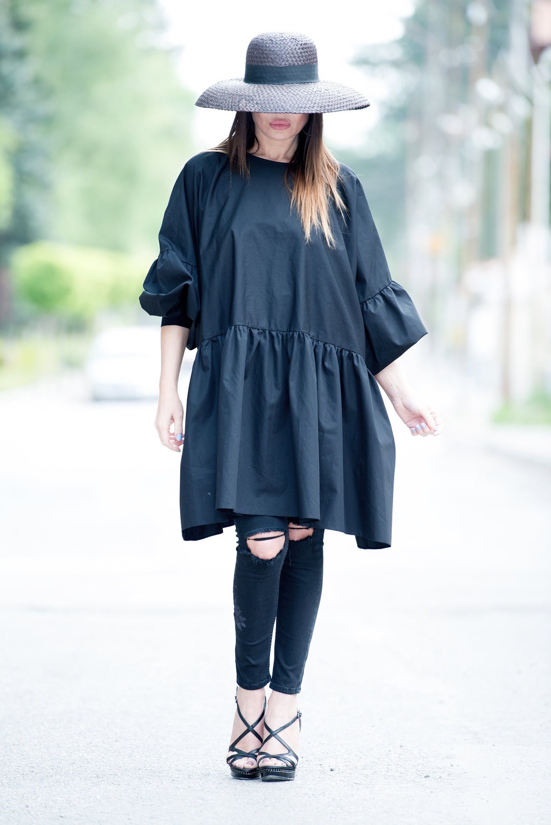 Black Maxi Tunic Top, New Year Party Tunic, Tunic, Flounces Top Dress ...