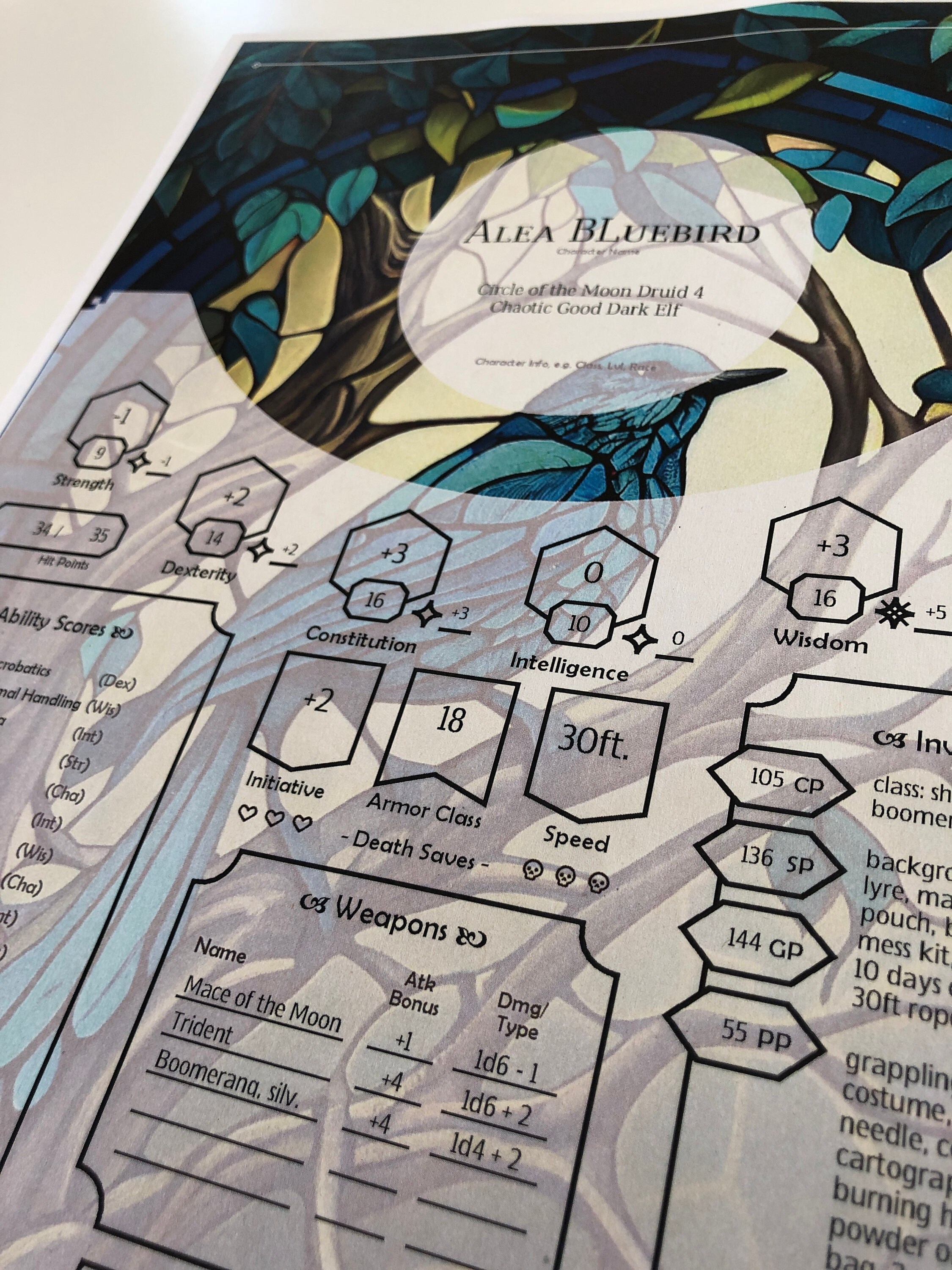 Bluebird Character Sheet Interactive PDF Printable for Your Dnd Char ...