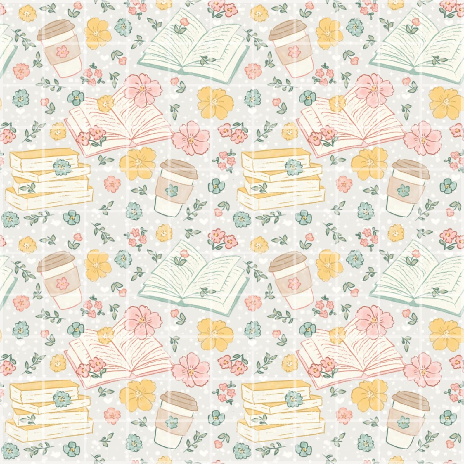 Book Lover Seamless Pattern Digital Paper, Reading Coffee Floral ...