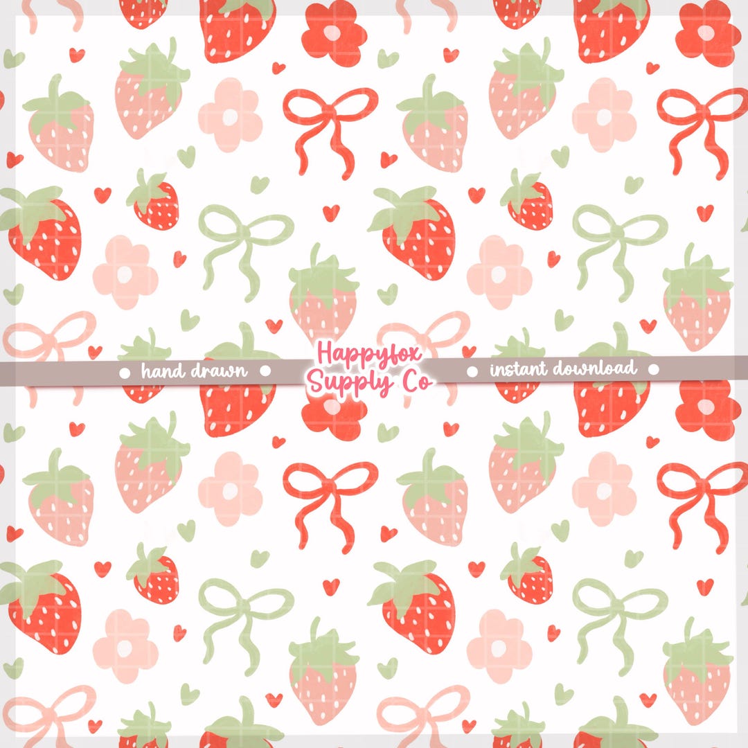 Coquette Strawberries Valentines Day Hearts Bow Seamless Pattern 300 ...