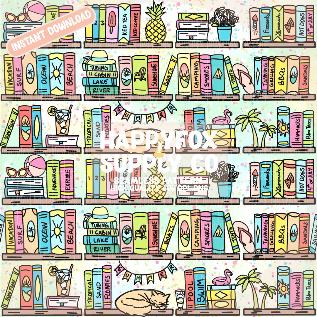 Summer Bookshelf Seamless Pattern 300 DPI PNG Download for Digital ...