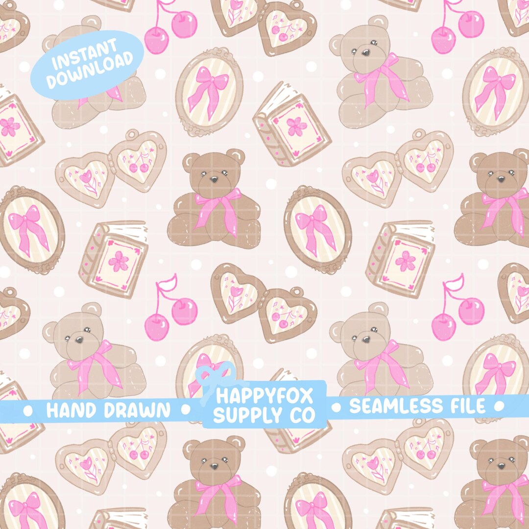 Bow Teddy Bears Vintage Seamless Pattern PNG Digital Paper Vinyl Fabric ...