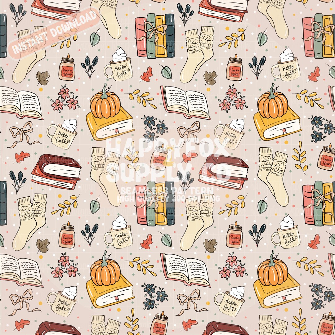 Bookish Fall Halloween Seamless Pattern 300 DPI PNG Instant Download ...