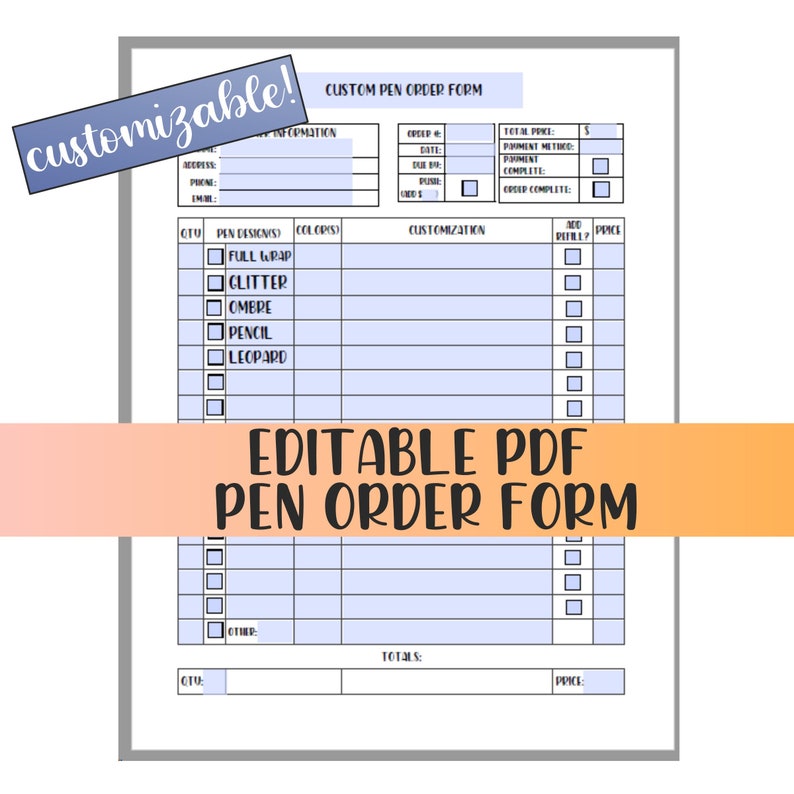 Custom Glitter Pen Order Form Digital Download PDF Format - Etsy