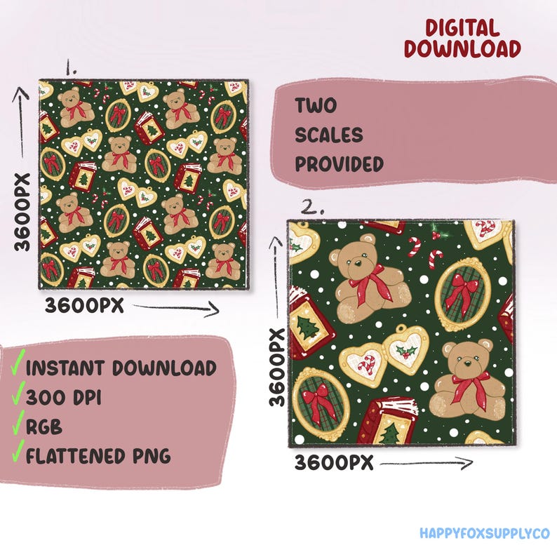 Bookish Christmas Vintage Teddy Bears Seamless Pattern Preppy Winter ...