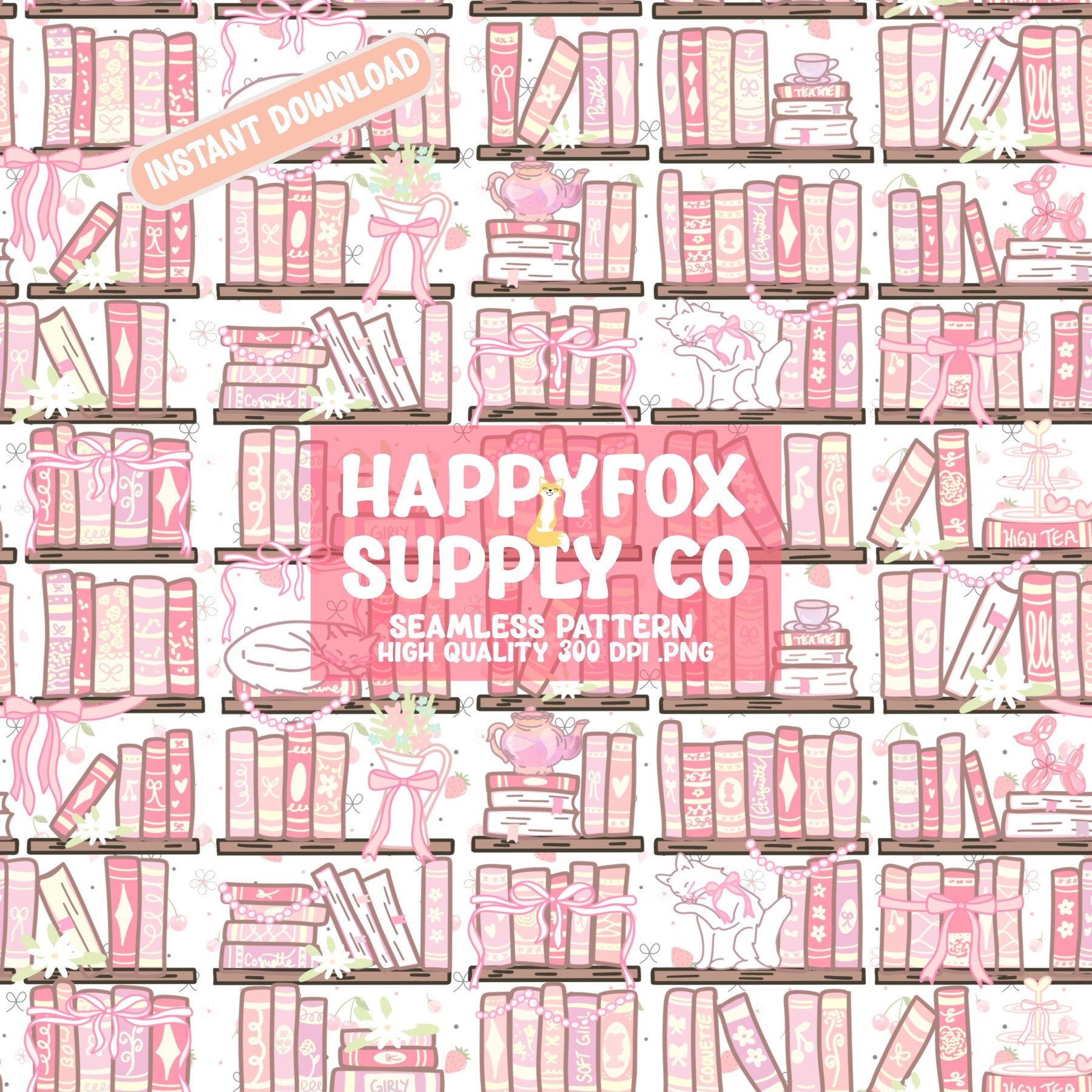 Coquette Bookshelf Seamless Pattern 300 DPI PNG Download for Digital ...