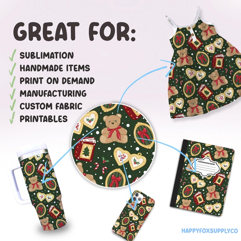 Bookish Christmas Vintage Teddy Bears Seamless Pattern Preppy Winter ...