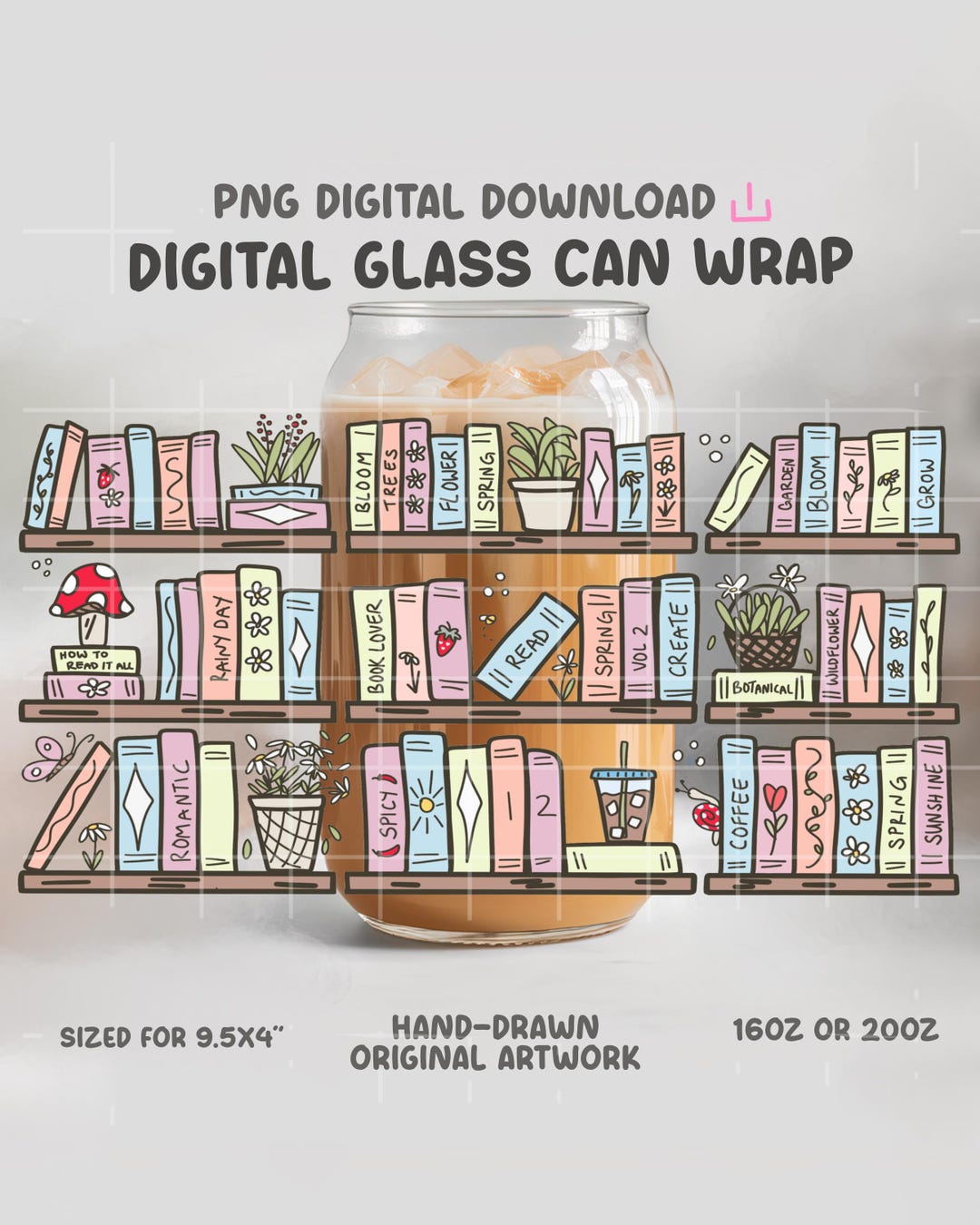 Bookshelf Bookish Digital File 16oz Glass Can Wrap 300 DPI PNG UVDTF ...