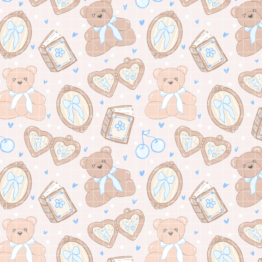 Bow Teddy Bears Vintage Seamless Pattern PNG Digital Paper Vinyl Fabric ...