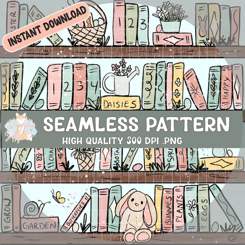 Spring Bookshelf Seamless Pattern 300 DPI PNG Download for Digital ...