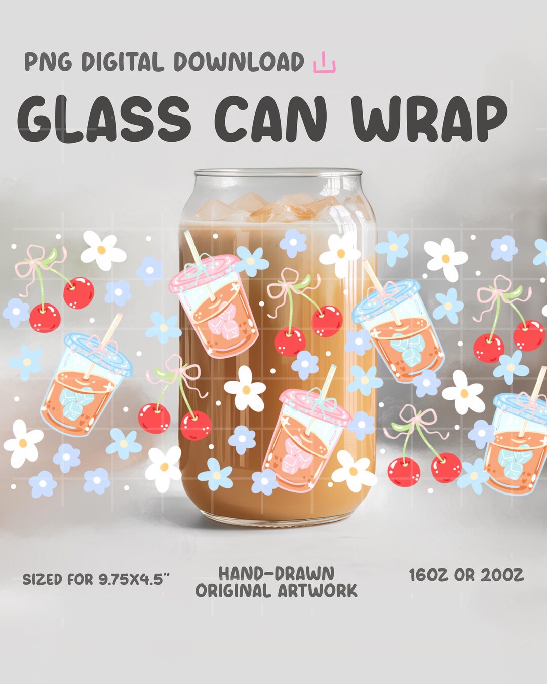 Iced Coffee Cherry Libbey Glass Wrap PNG Coquette Bow 16oz 20oz Can ...