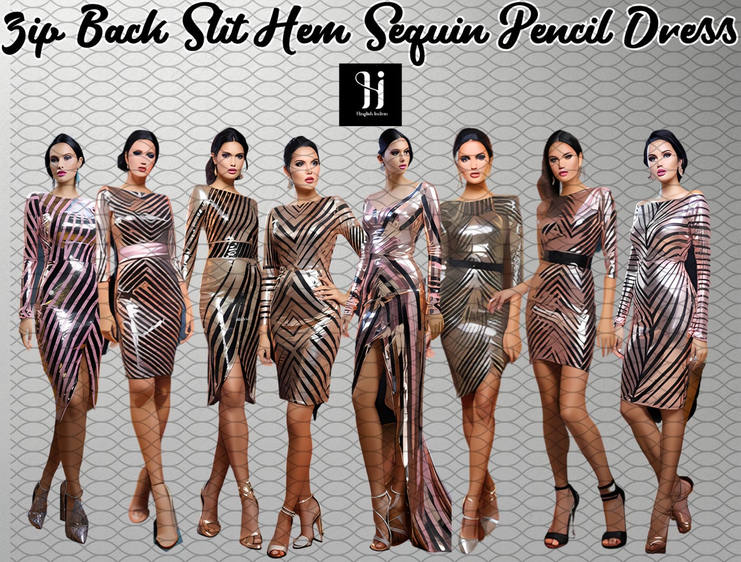Black and Silver Zip Back Slit Hem Sequin Pencil Dress Clipart Bundle 8 ...