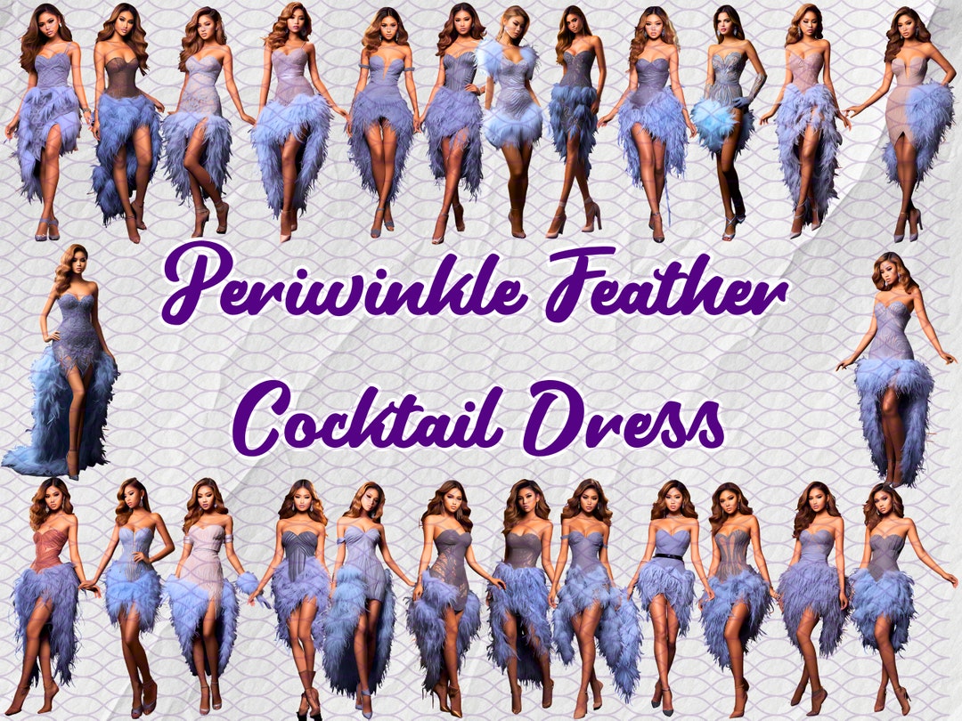 Periwinkle Cocktail Feather Dress Fashion Clipart Bundle, 26 PNG File ...
