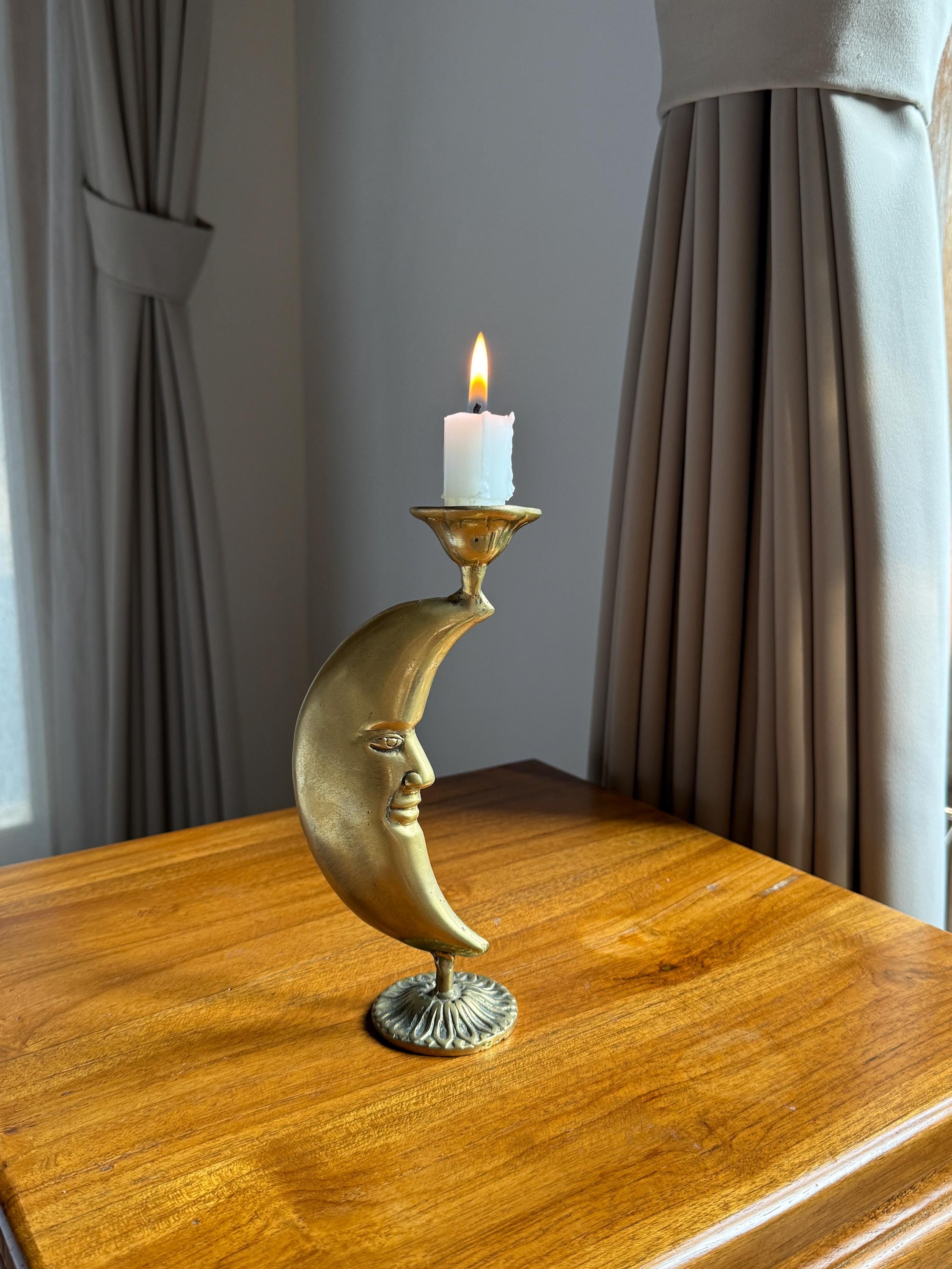 Moon Candle Holder Crescent Moon Brass Holder Celestial Decor Vintage ...
