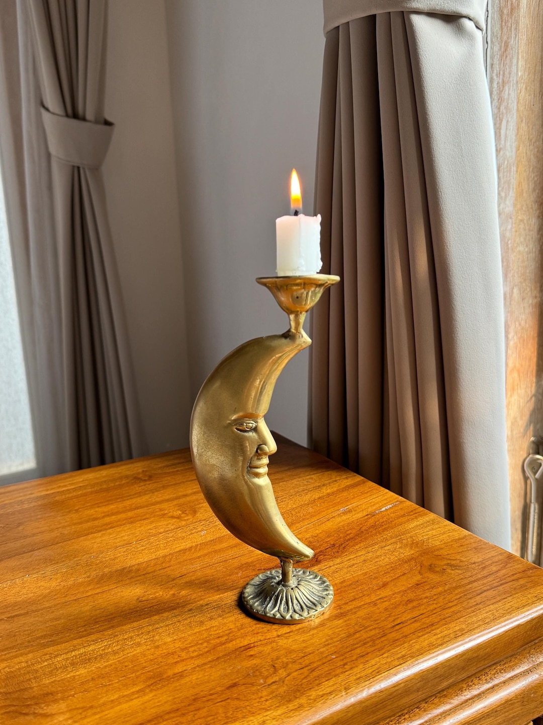 Moon Candle Holder Crescent Moon Brass Holder Celestial Decor Vintage ...