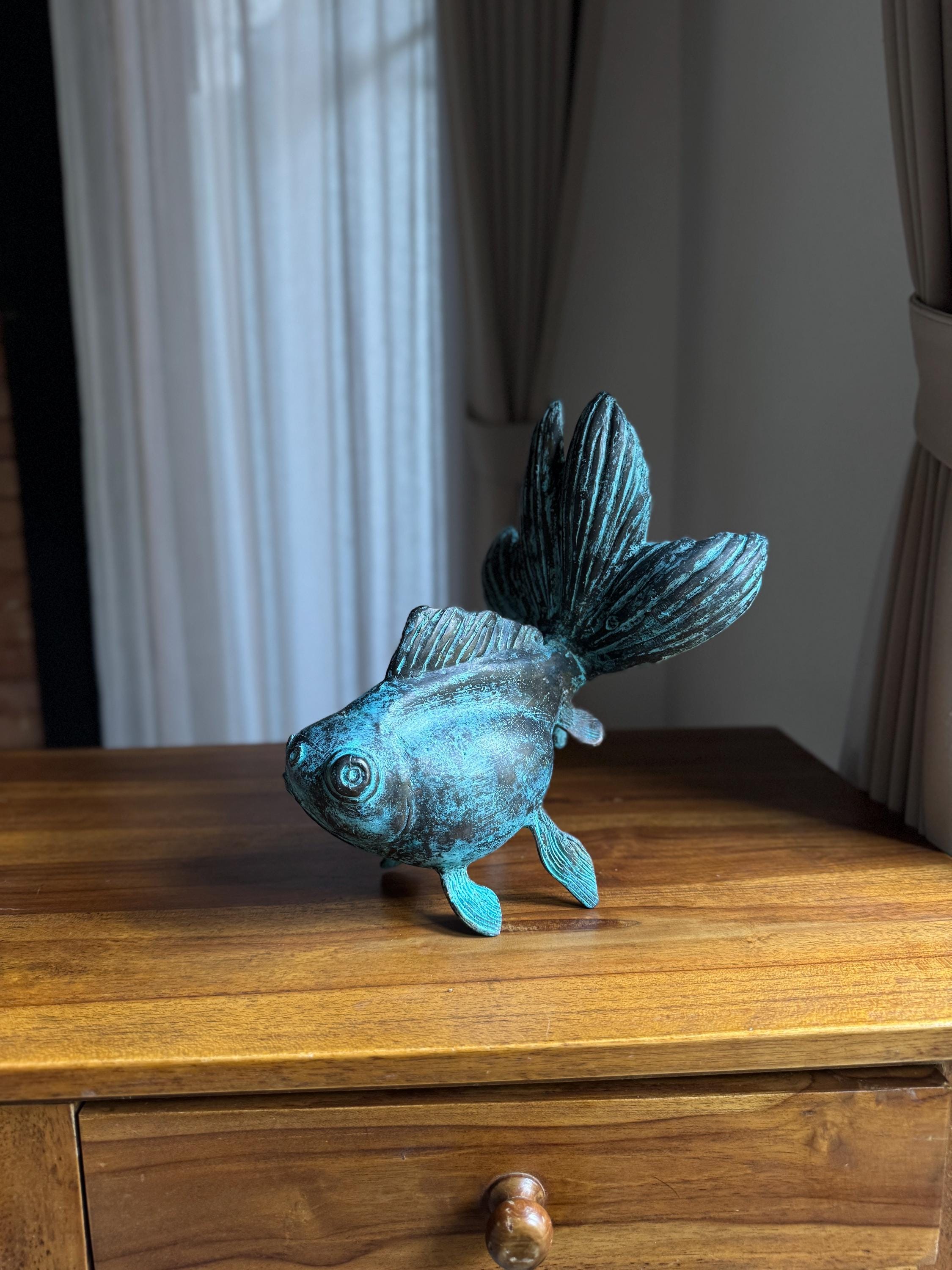 Patina Antique Brass Fish Statue Large Verdigris Fish Figurine Coastal ...