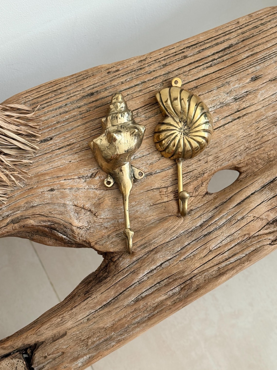 Coastal Shell Brass Wall Hooks Set of 2– Beach House Nautical Decor Key ...