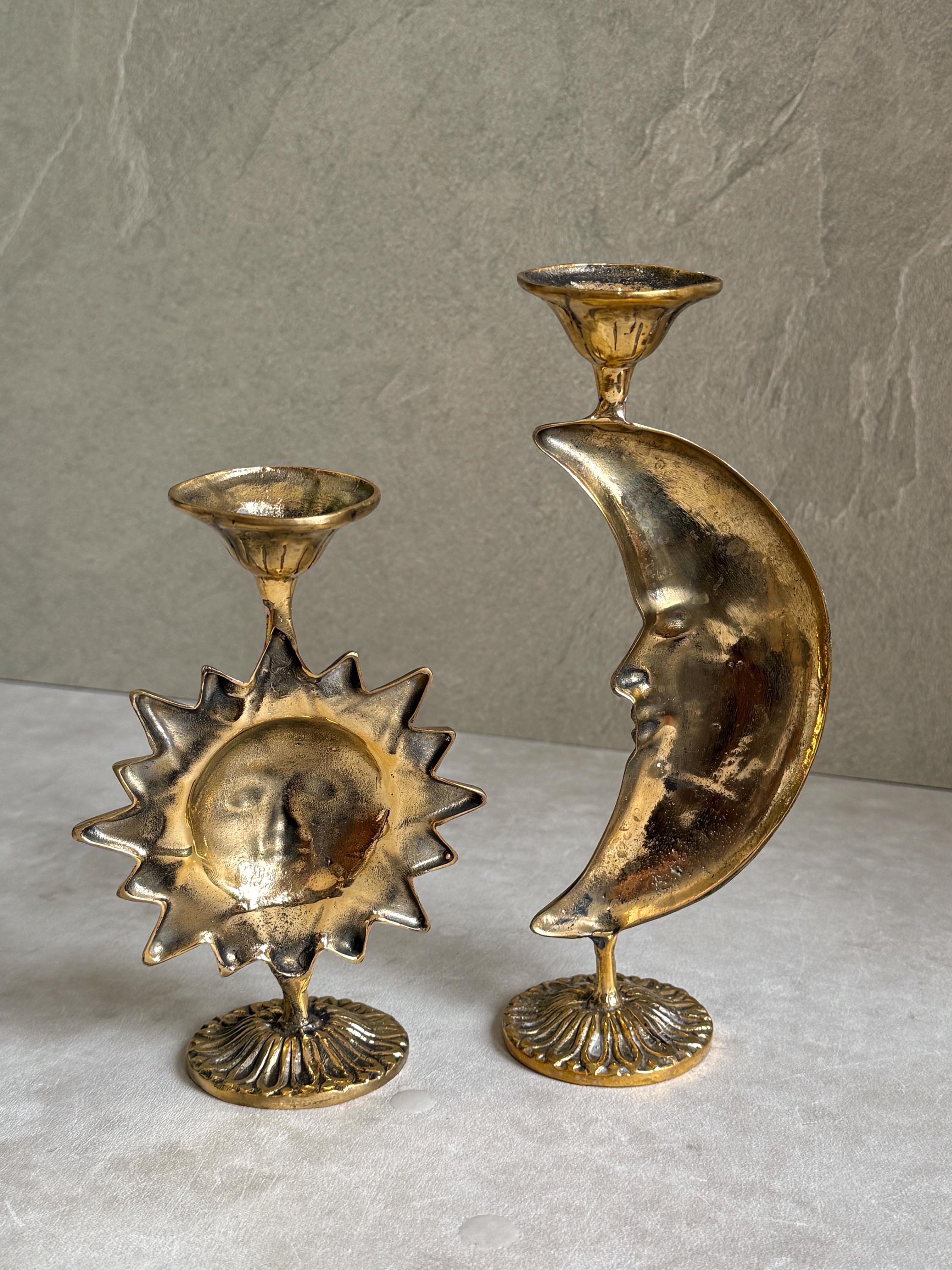 Brass Moon and Sun Candle Holder Set of Two Celestial Decor Vintage ...