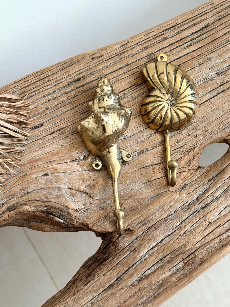 Coastal Shell Brass Wall Hooks Set of 2– Beach House Nautical Decor Key ...
