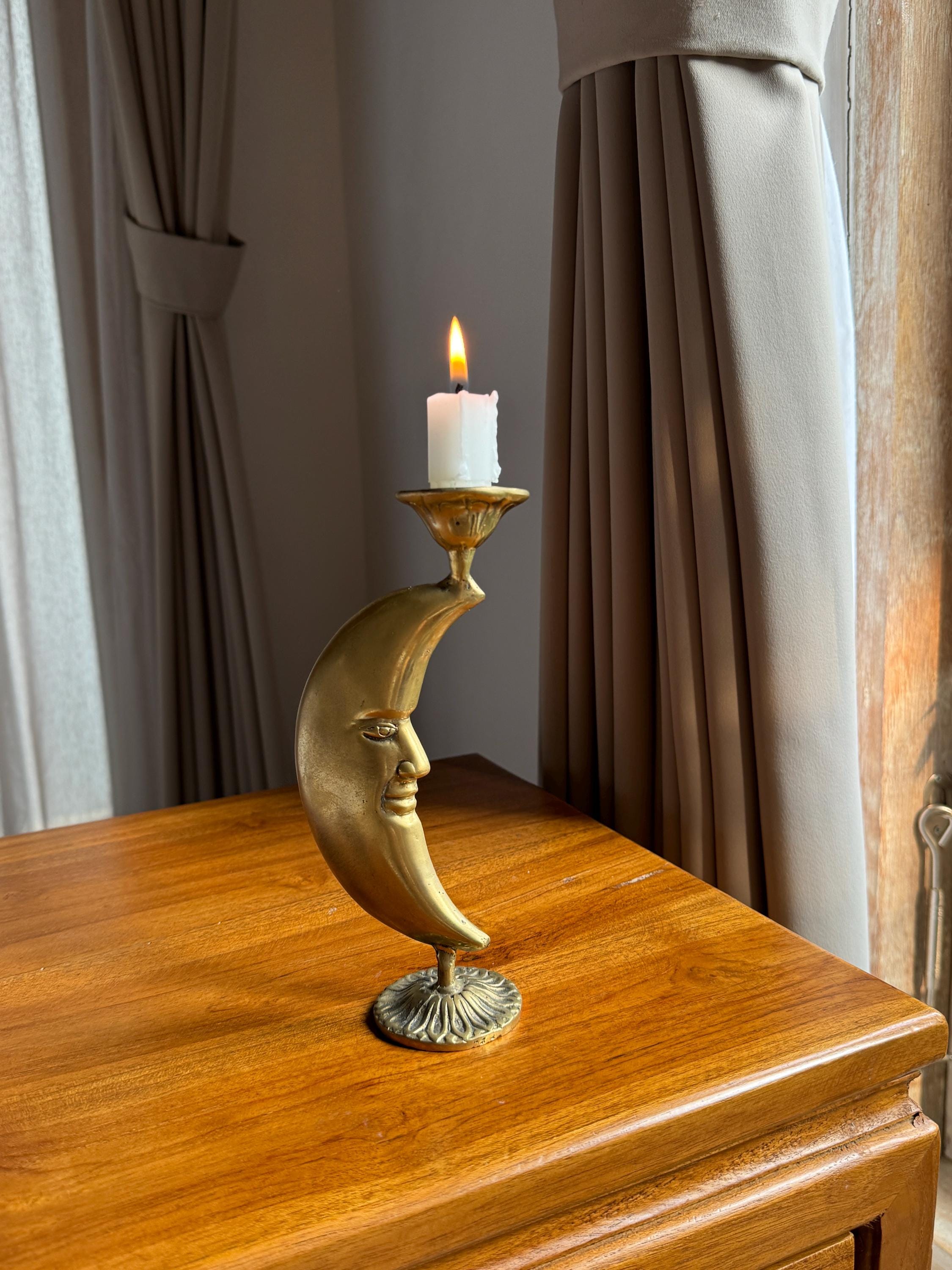 Moon Candle Holder Crescent Moon Brass Holder Celestial Decor Vintage ...