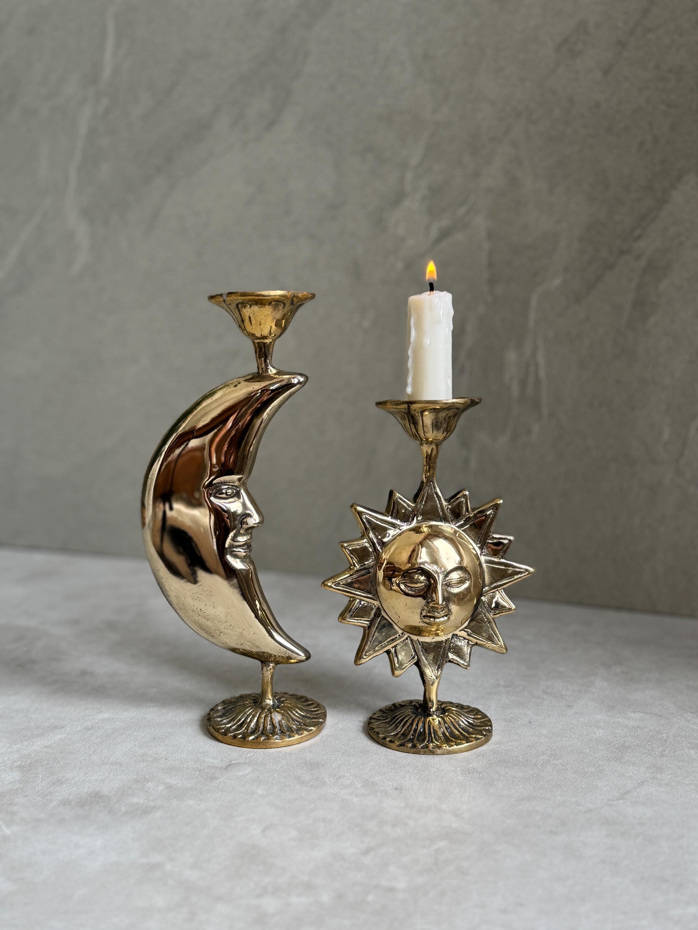 Brass Moon and Sun Candle Holder Set of Two Celestial Decor Vintage ...