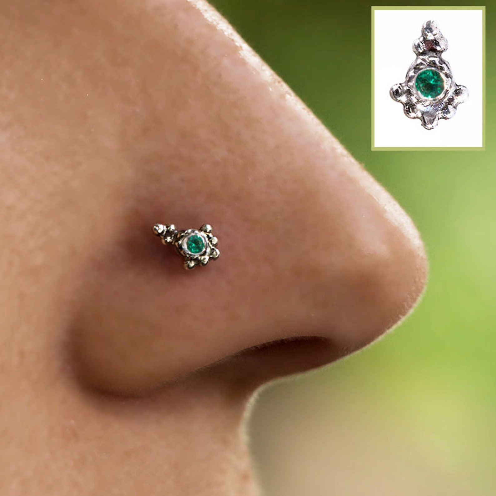 Indian Nose Stud Genuine Emerald Sterling Silver 925 Gypsy - Etsy