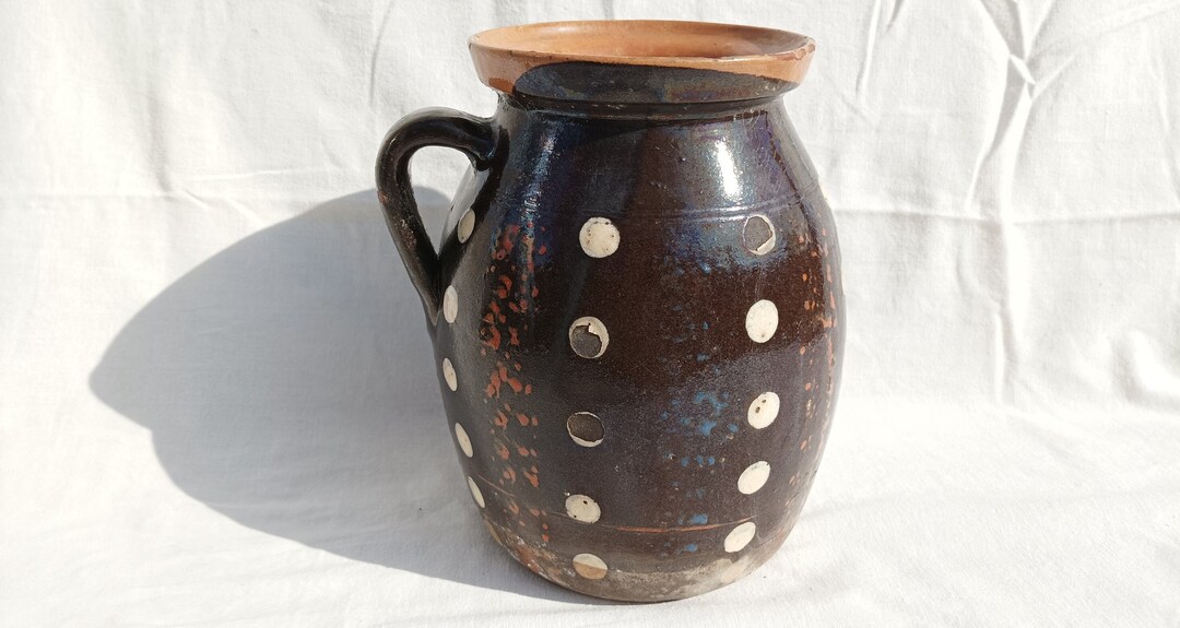 Folk Dotted Dark Brown Folk Pottery, Dot Decorated Folk Pitcher ...