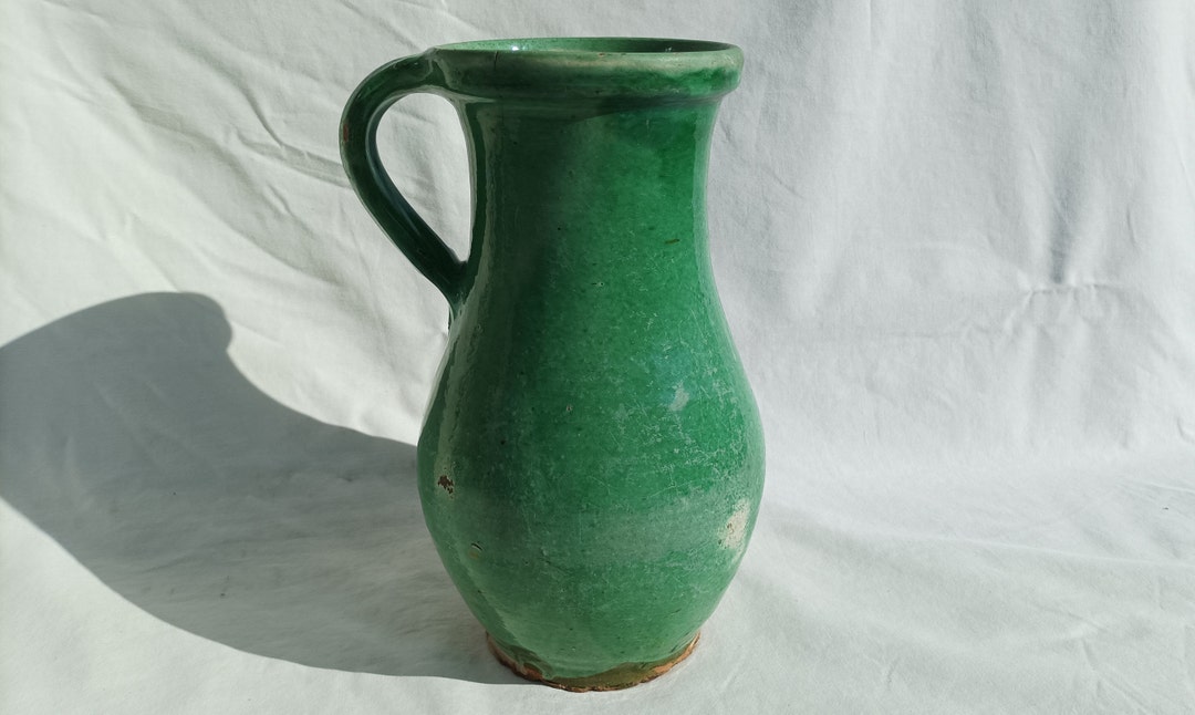 Green Glazed Stoneware Folk Pitcher, Antique Hungarian Traditional Jug ...