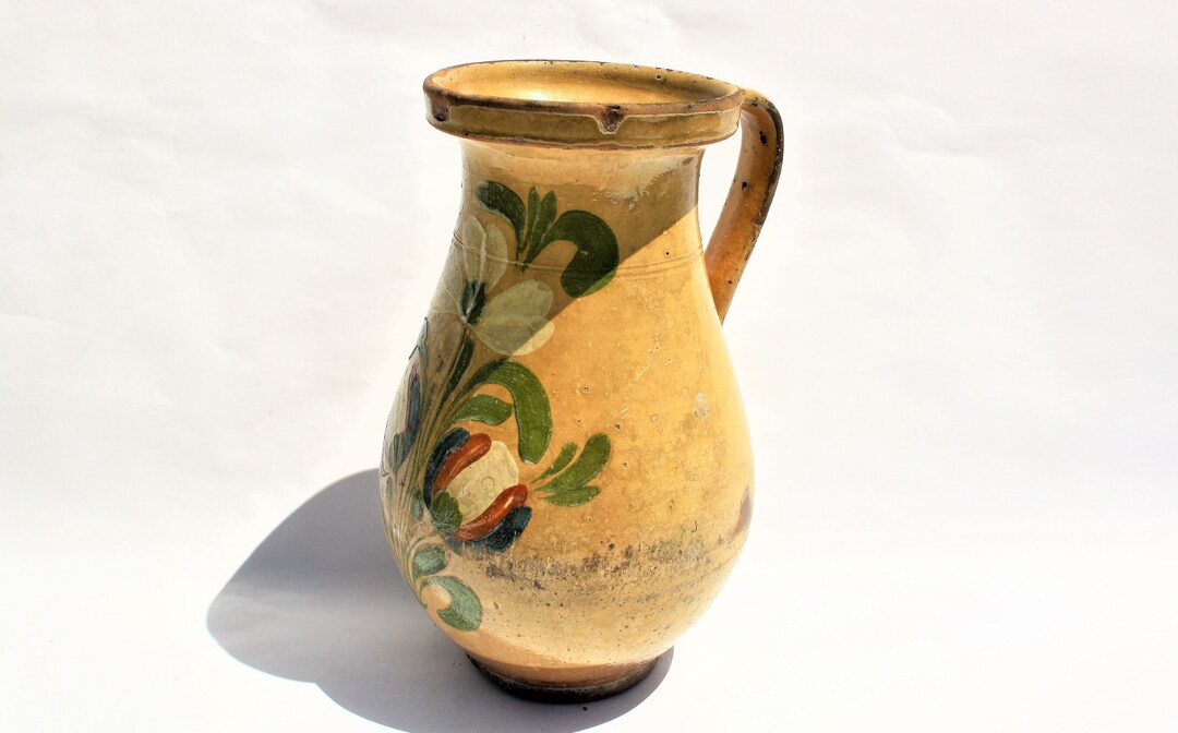 Antique Folk Flower Designed Yellow Water Pitcher, Antique Traditional ...