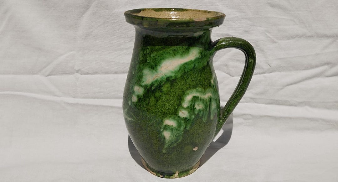 Green Glazed Stoneware Folk Pitcher, Antique Hungarian Traditional ...
