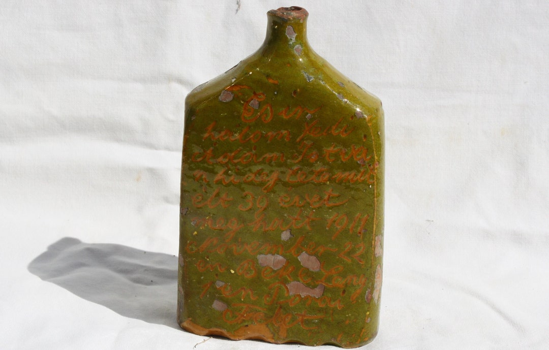 Hungarian Antique Folk Green Water Flask, Traditional Dated Green ...