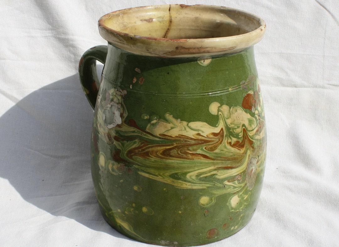 Huge Green Splashed Glazed Stoneware Rare Folk Pitcher, Antique Folk ...