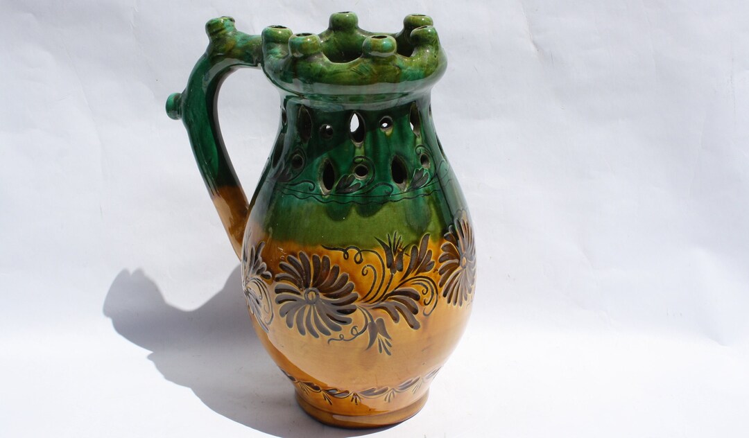 Folk Reticulated Puzzle Pitcher, Vintage Ewer, Ceramic Pitcher, Ceramic ...
