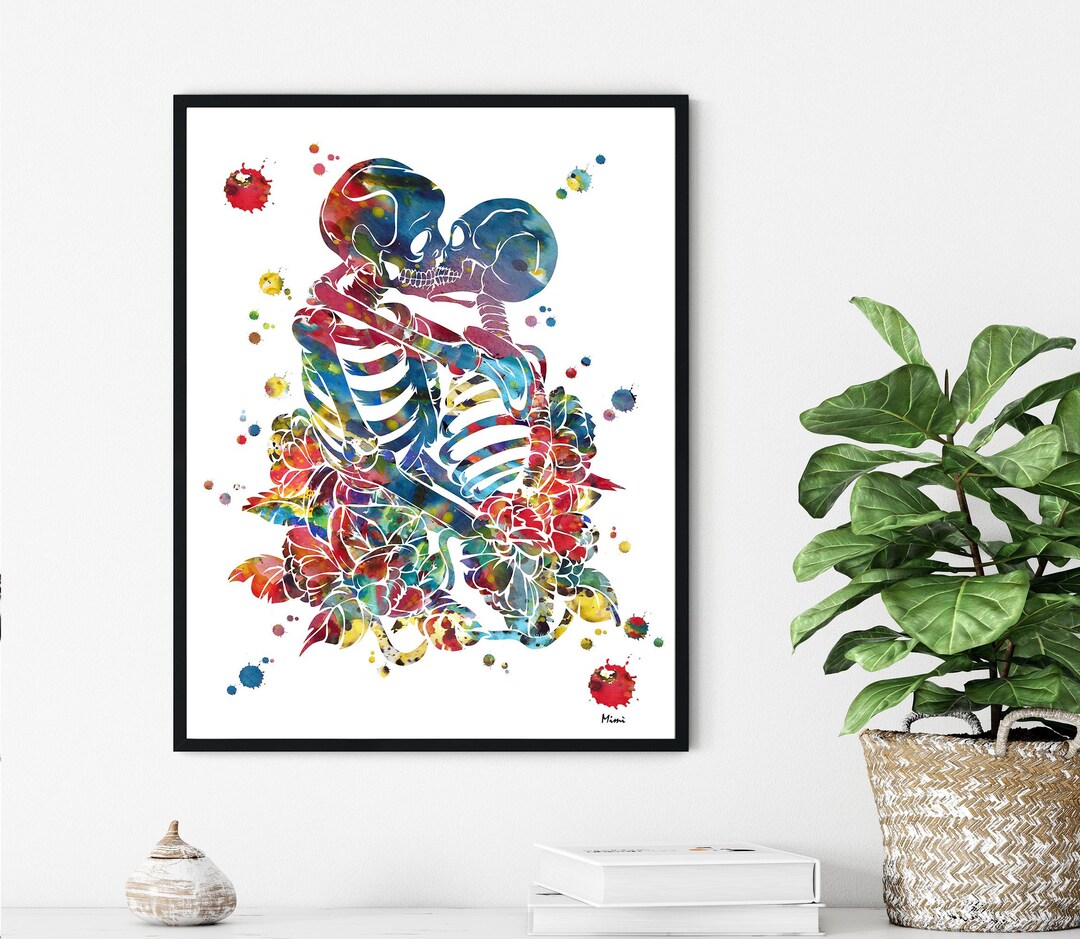 Kissing Skeletons Print Two Skeletons Embracing Each Other Watercolor ...