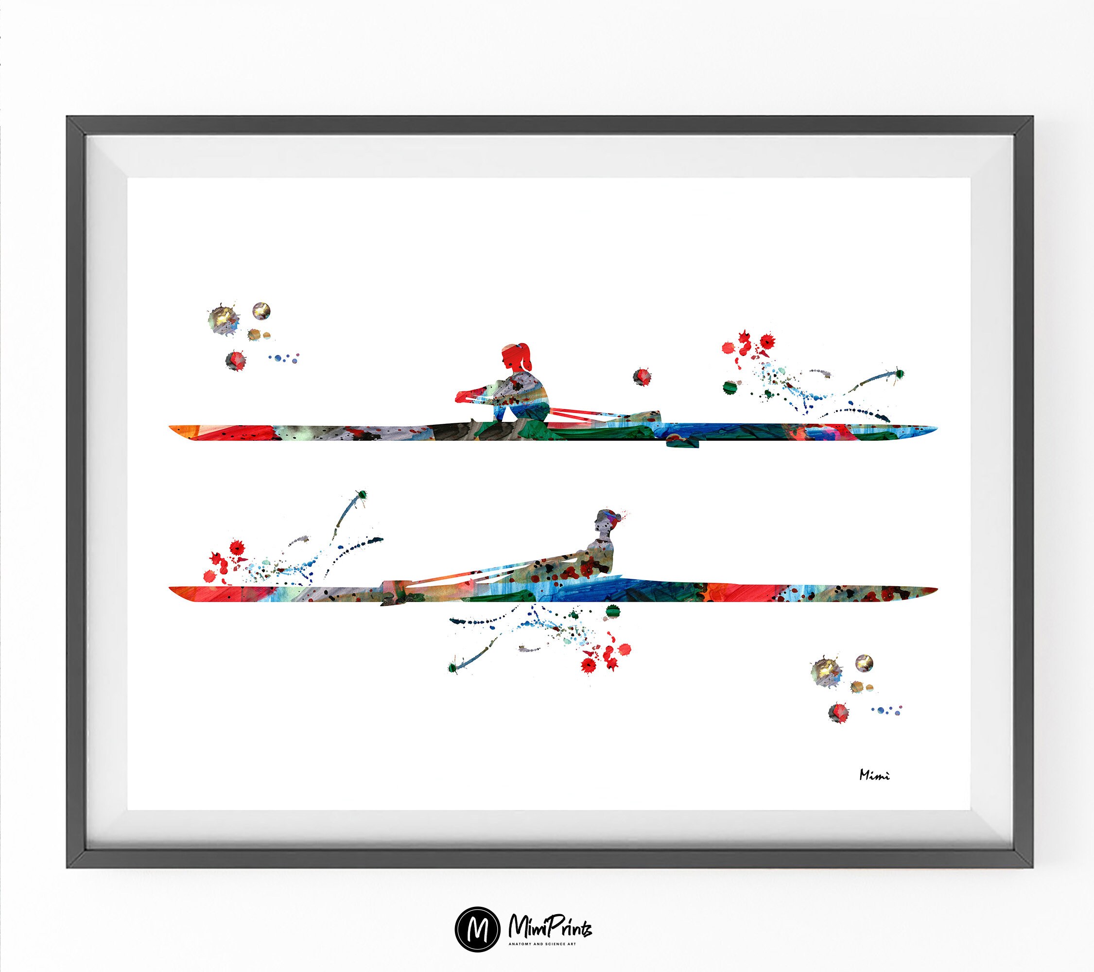 Rowing Watercolor Print Canoe Kayak Poster Female Solo Rower - Etsy