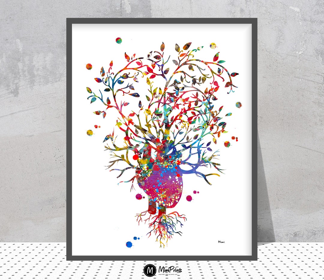 Heart Tree Watercolor Print Colorful Anatomical Heart in A Shape of a ...