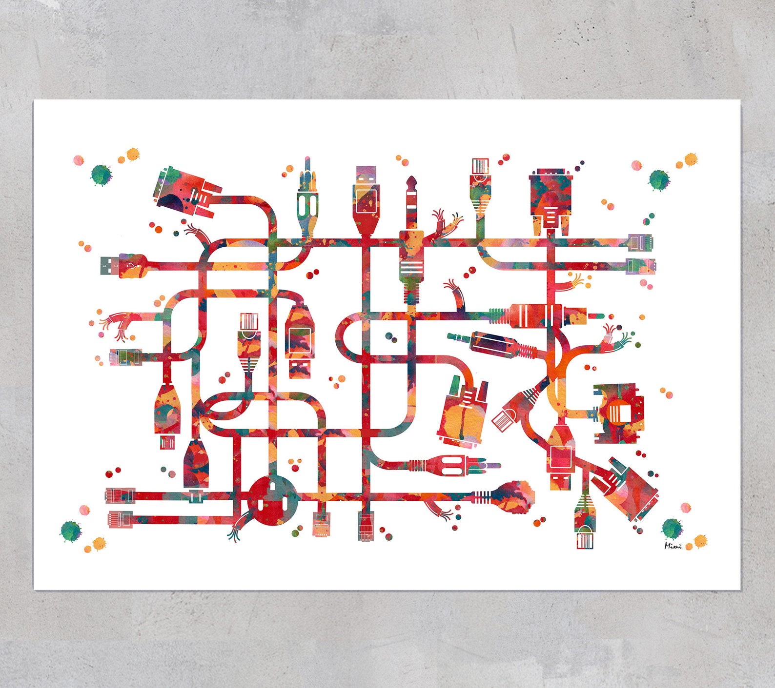 Computer Network Science Art Print Plugs and Wires Watercolor - Etsy
