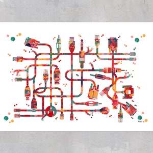 Computer Network Science Art Print Plugs and Wires Watercolor Poster PC ...