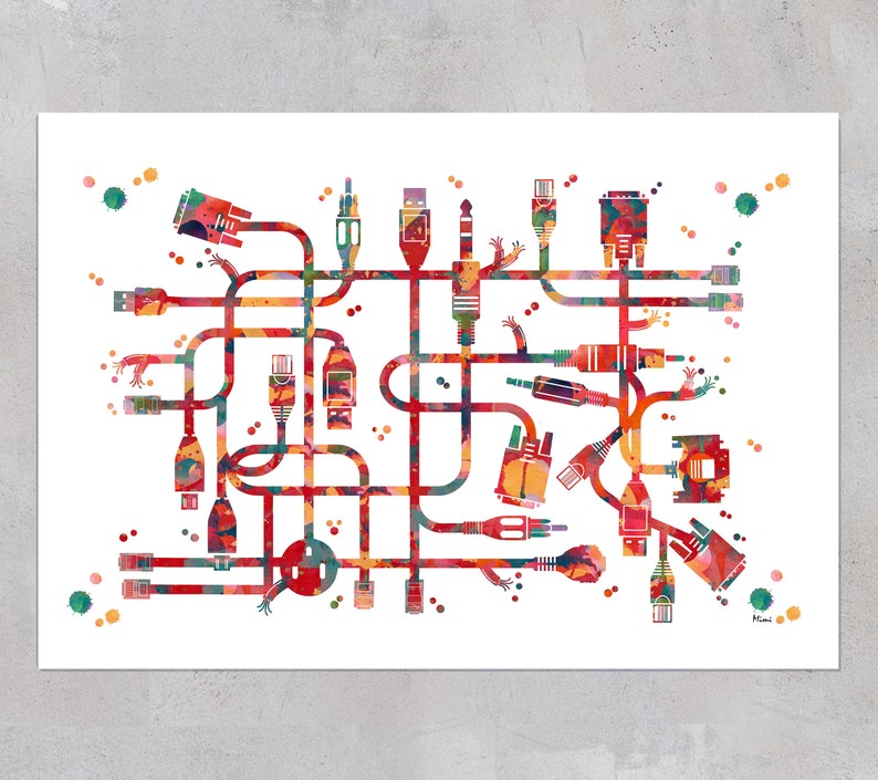 Computer Network Science Art Print Plugs and Wires Watercolor | Etsy