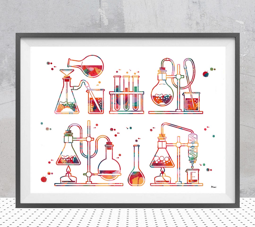 Chemistry Lab Watercolor Print Test Tubes and Flasks Chemical Tools ...