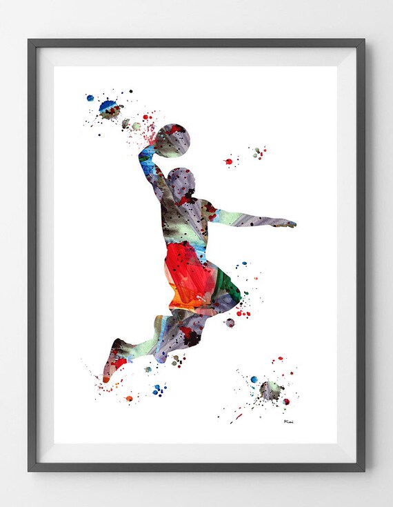 Basketball player Watercolor Print One Hand Slam Dunk Art | Etsy