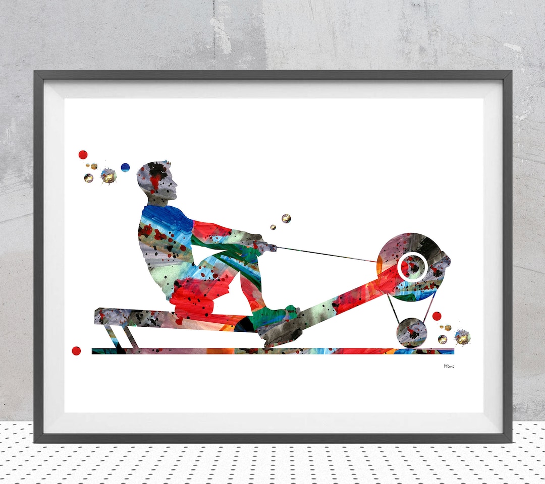 Rowing Machine Print Man Training on Indoor Rower Watercolor Male Rower ...