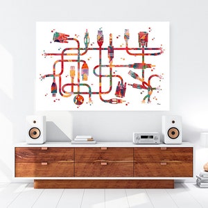 Computer Network Science Art Print Plugs and Wires Watercolor Poster PC ...