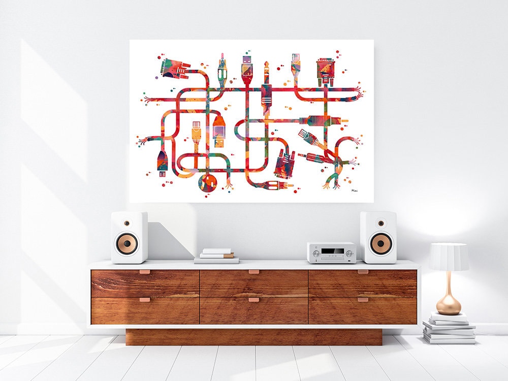 Computer Network Science Art Print Plugs and Wires Watercolor | Etsy