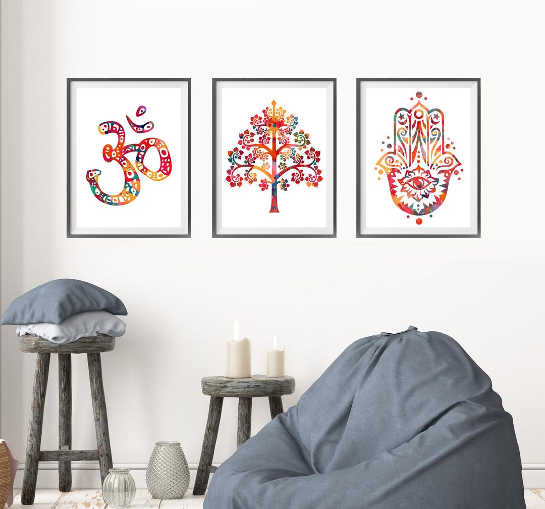 Spiritual Art Buddhist Symbols Set of 3 Prints Ohm Symbol, Hamsa Hand ...