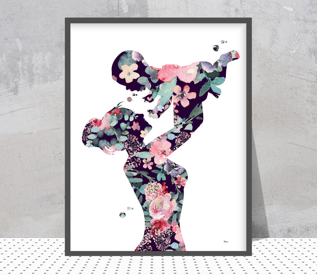 Flowered Motherhood Watercolor Print Floral Mother Holding Her Baby ...