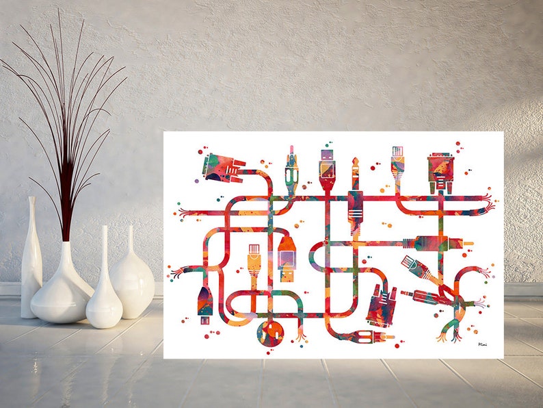 Computer Network Science Art Print Plugs and Wires watercolor | Etsy