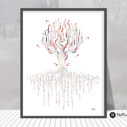 Abstract Tree With Binary Code Roots Watercolor Print Computer - Etsy